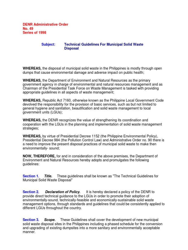 DENR Guidelines for Solid Waste Disposal | PDF | Landfill | Waste ...