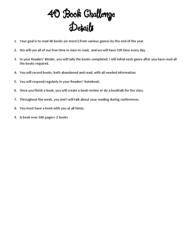 40-Book Challenge Requirements and Handouts | PDF | Books | Genre