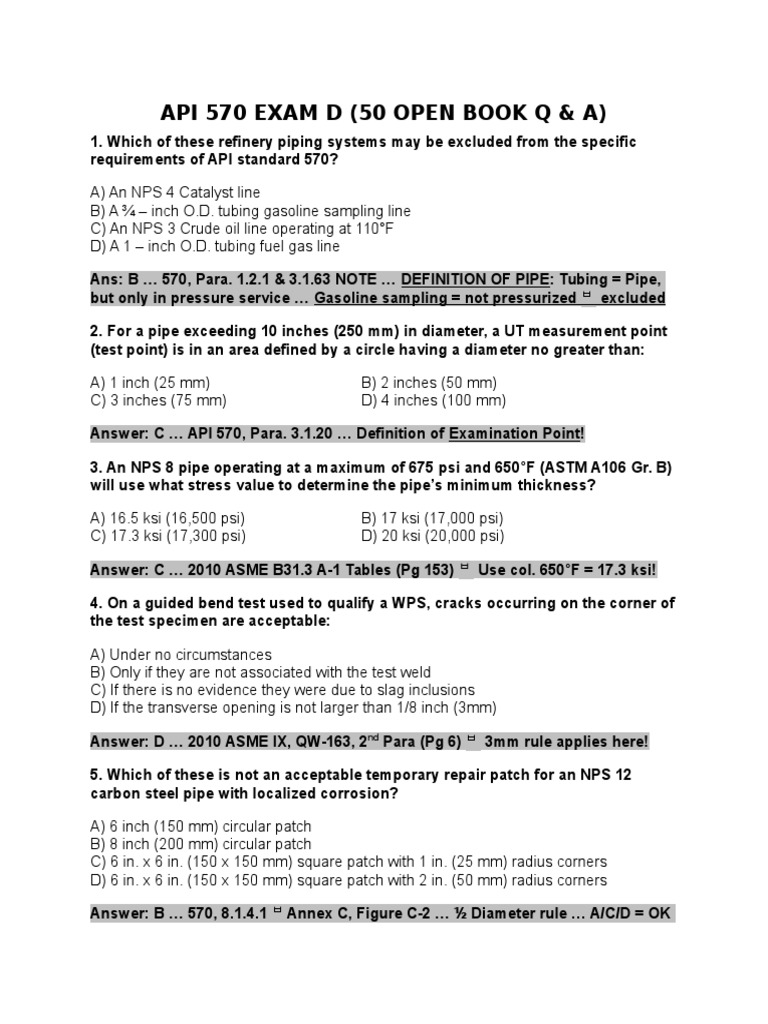 API 570 Exam D: Open Book Q&A Guide | PDF | Pipe (Fluid Conveyance ...