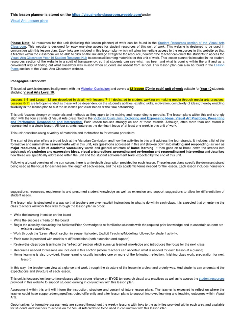 Visual Arts Year 10 Portrait Curriculum Planner | PDF | Drawing ...