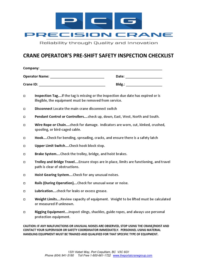 Crane Operators Pre Shift Safety Inspection Checklist | PDF