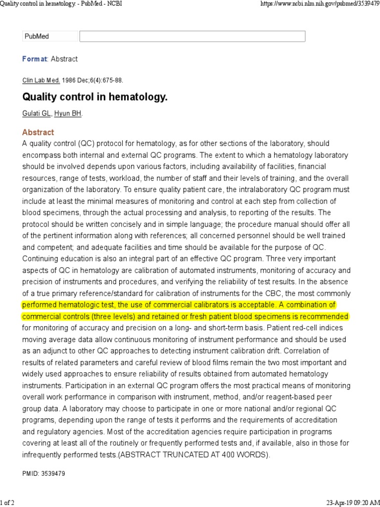 Quality Control in Hematology.:: Abstract | PDF | Pub Med | Analysis