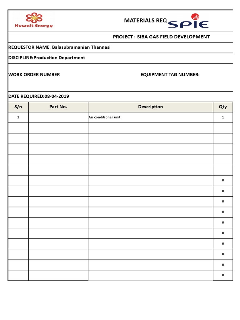 Materials Request Form: Project: Siba Gas Field Development | PDF | Nature