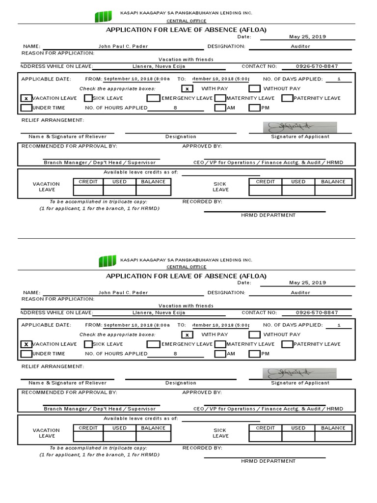Application For Leave of Absence (Afloa) : Check The Appropriate Boxes ...