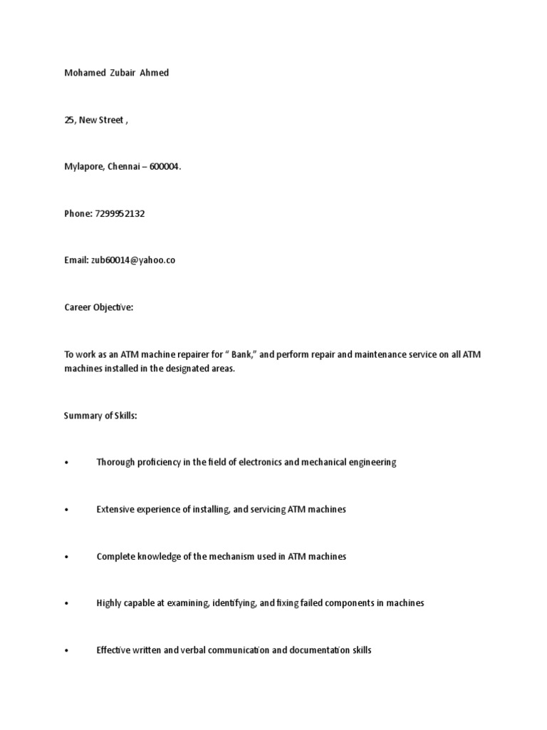 Resume ATM Technician | PDF | Automated Teller Machine | Printer ...