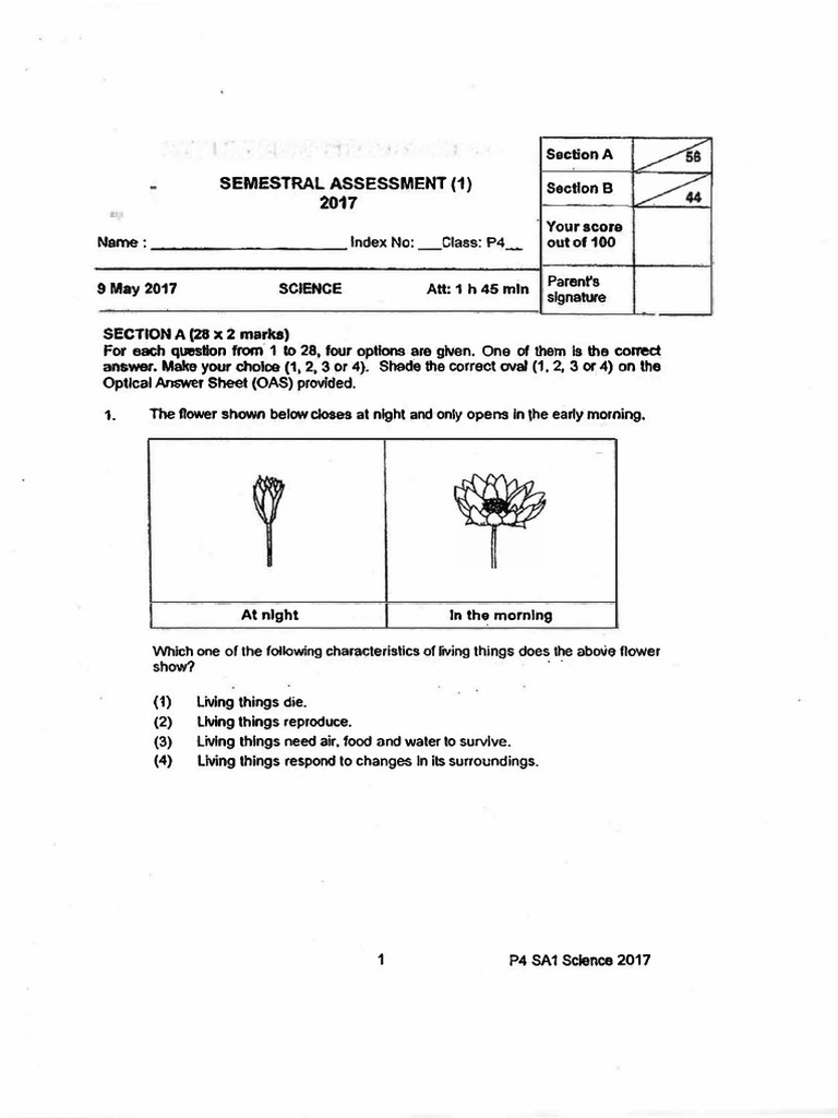 P4 Science SA1 2017 Raffles Exam Papers | PDF | Balloon | Seed