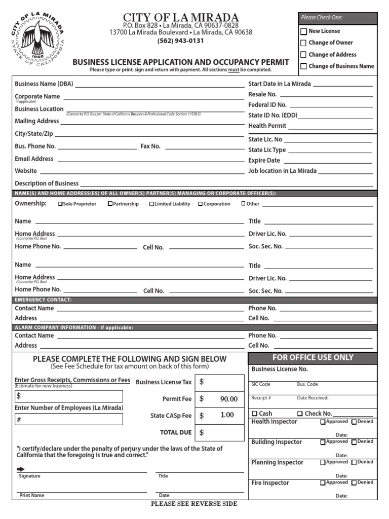 La Mirada Business License Application | PDF | License | Business