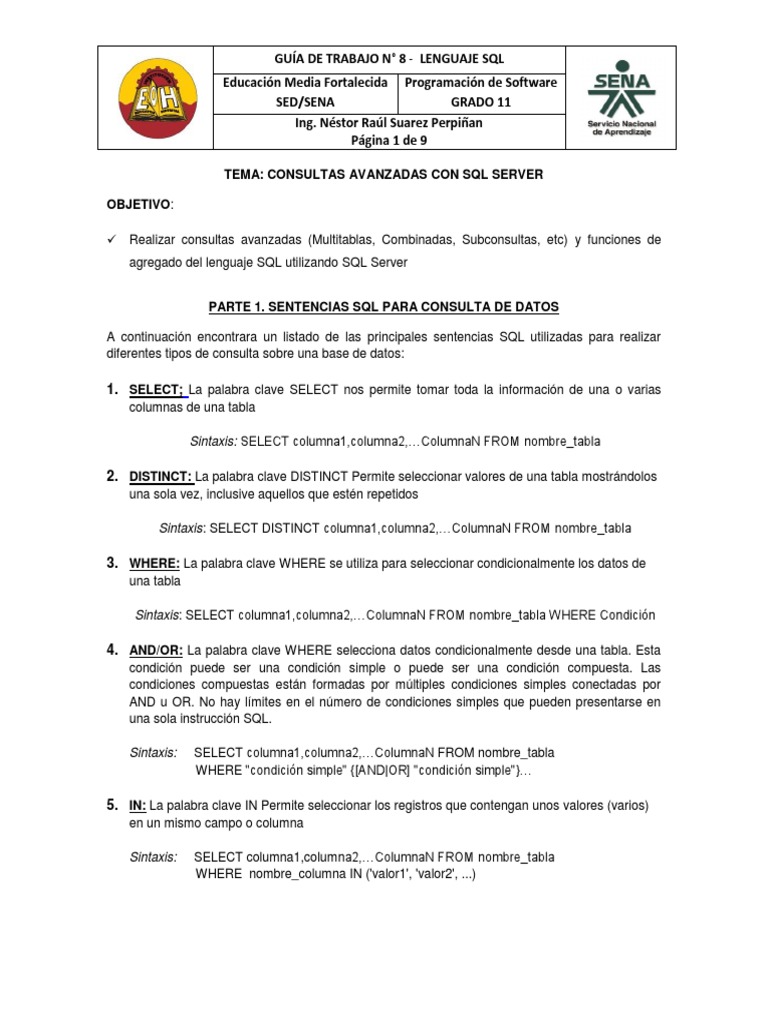 Guia8-Consultas Avanzadas (SQL Server) | PDF | SQL | Tabla (base de datos)
