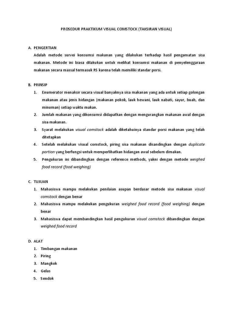 Prosedur Praktikum Visual Comstock Dan Food Weighing | PDF | Memasak ...