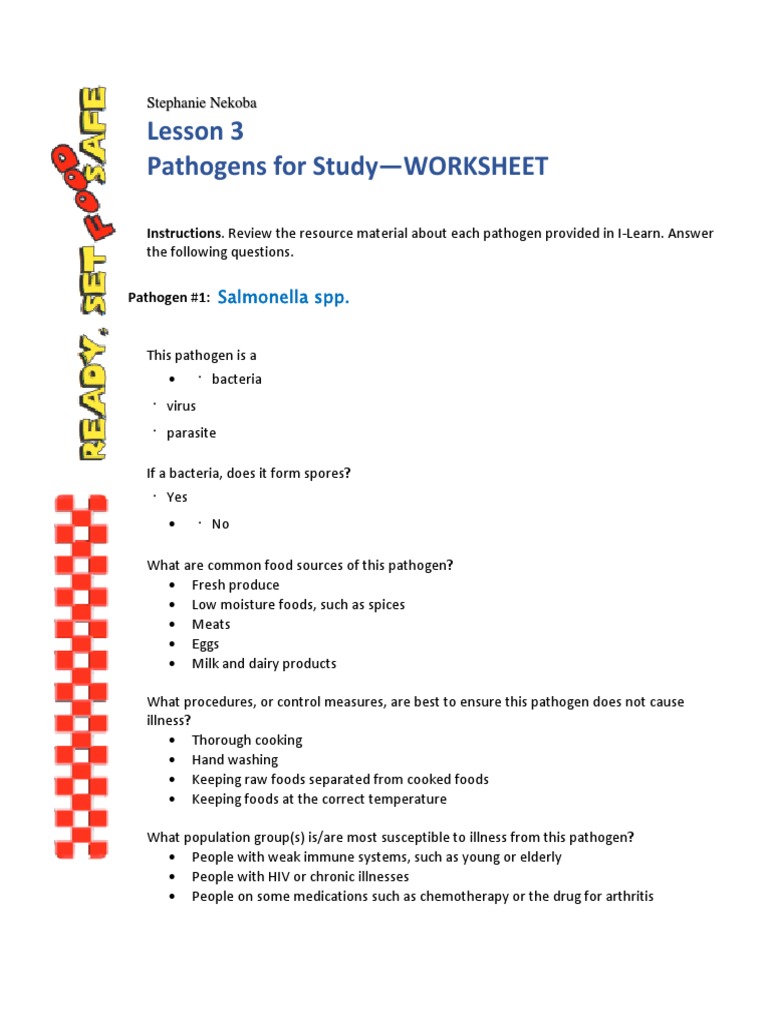 Lesson 3 Pathogens For Study-WORKSHEET: Salmonella SPP | PDF | Pathogen ...