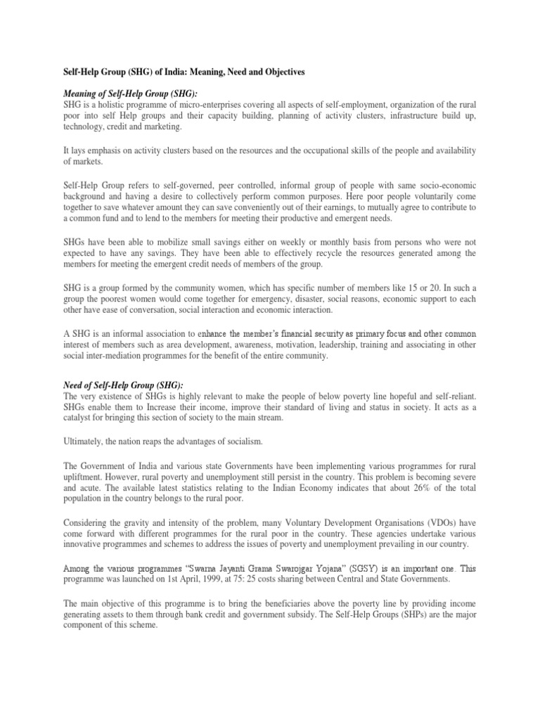 Self-Help Group (SHG) of India: Meaning, Need and Objectives | PDF ...