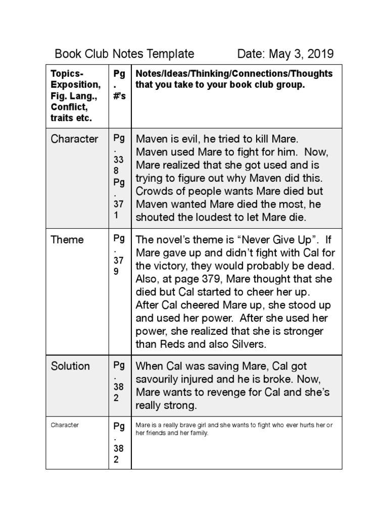 Book Club Notes Template Date: May 3, 2019 | PDF