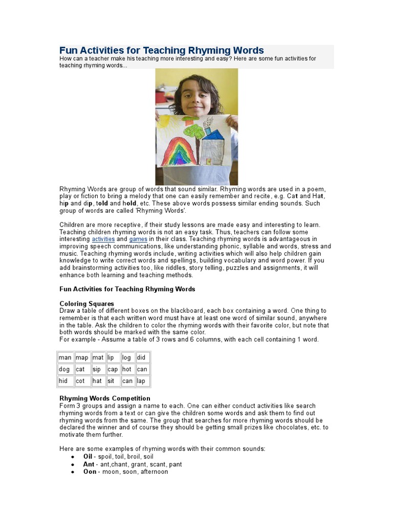Fun Rhyming Activities for Kids | PDF | Rhyme | Semiotics