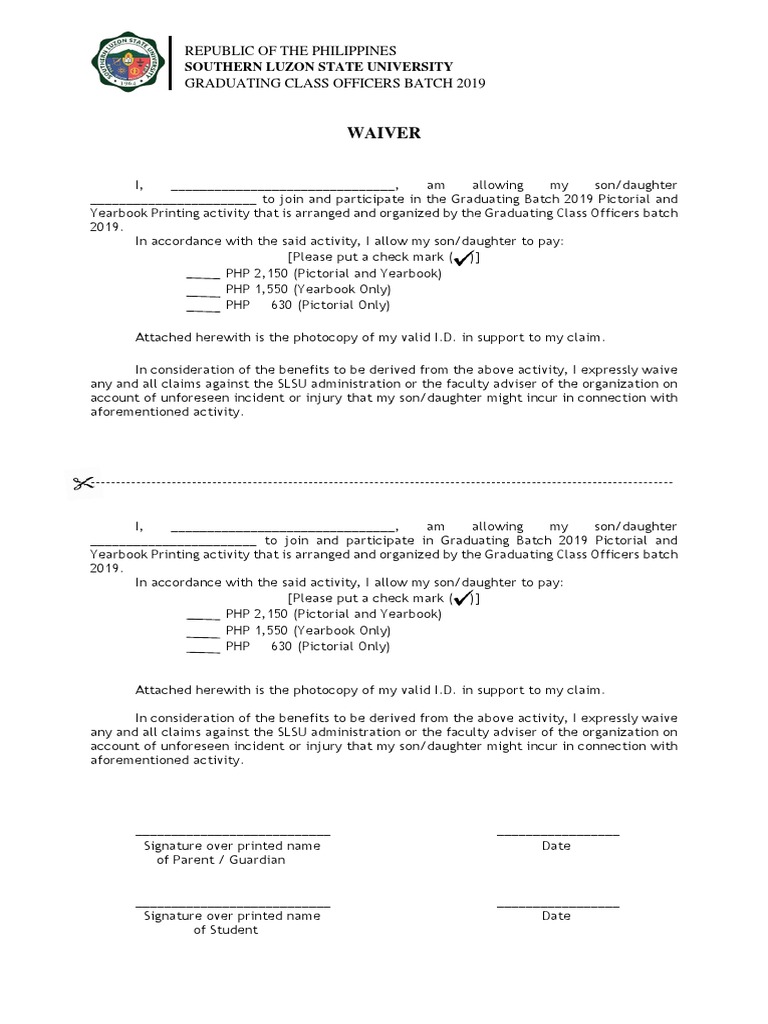 Waiver: Republic of The Philippines Graduating Class Officers Batch ...