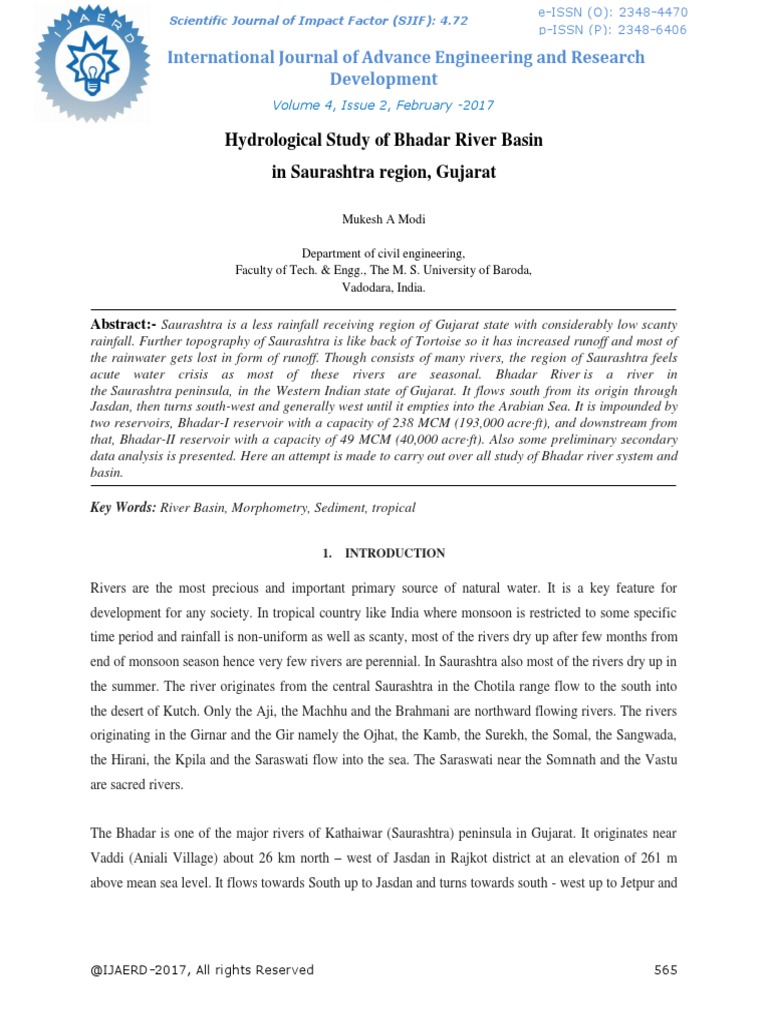 Hydrological Study of Bhadar River Basin in Saurashtra Region, Gujarat ...