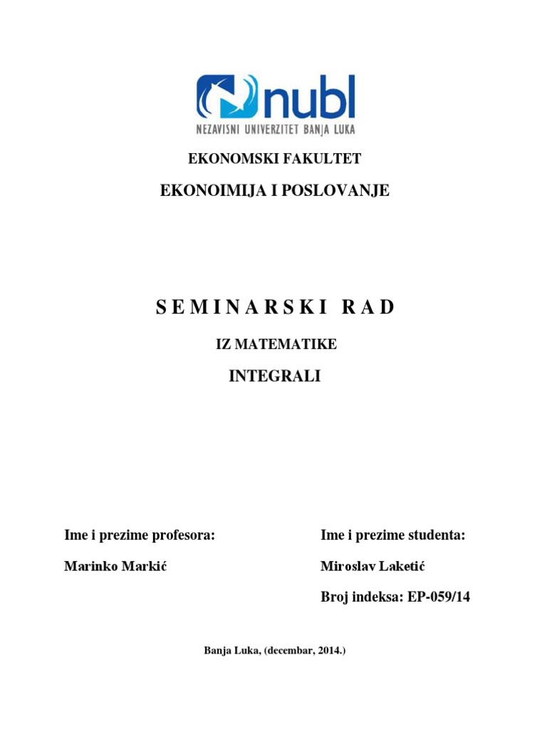 Seminarski Rad Iz INTEGRALA | PDF