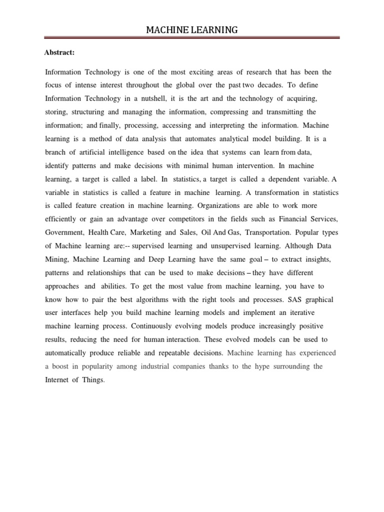 Machine Learning: Abstract | PDF | Machine Learning | Internet Of Things