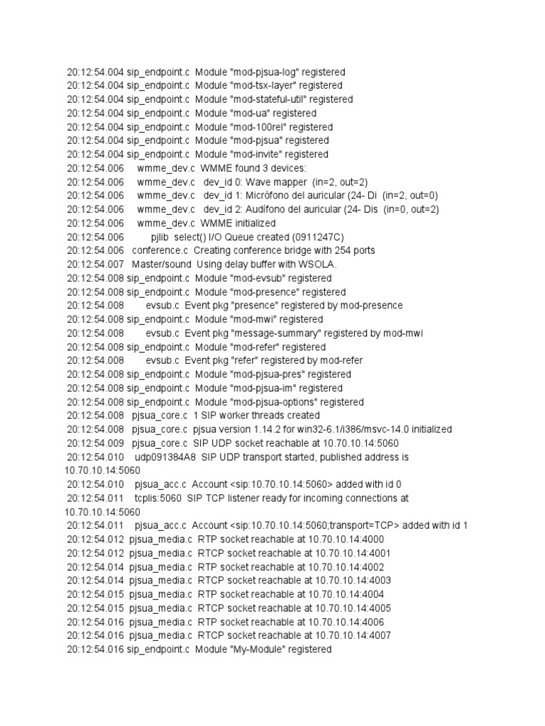 Pjsip Log | PDF | Session Initiation Protocol | Network Socket