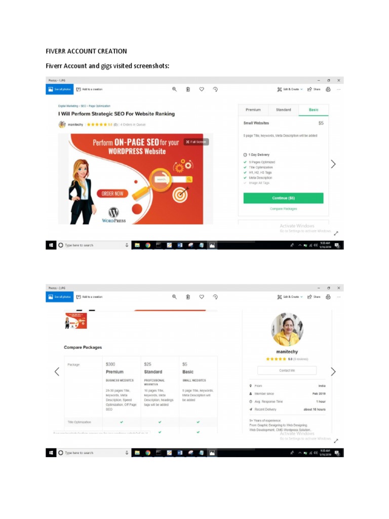Fiverr Account Creation Fiverr Account and Gigs Visited Screenshots | PDF