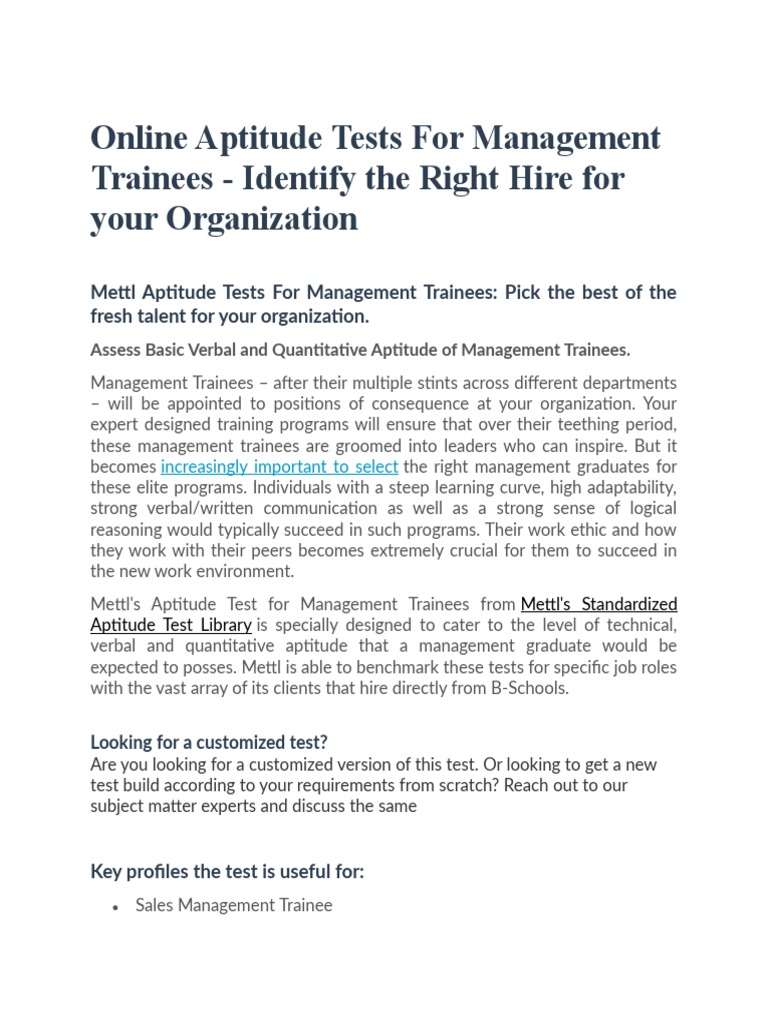 Aptitude Tests For Management Trainees | PDF | Recruitment | Test ...