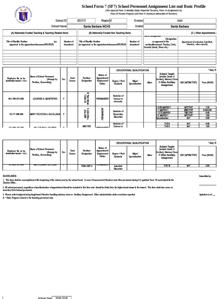 School Form 7 (SF7) School Personnel Assignment List and Basic Profile | PDF | Bachelor's Degree ...