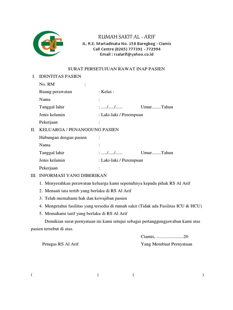 Surat Persetujuan Rawat Inap Pasien | PDF