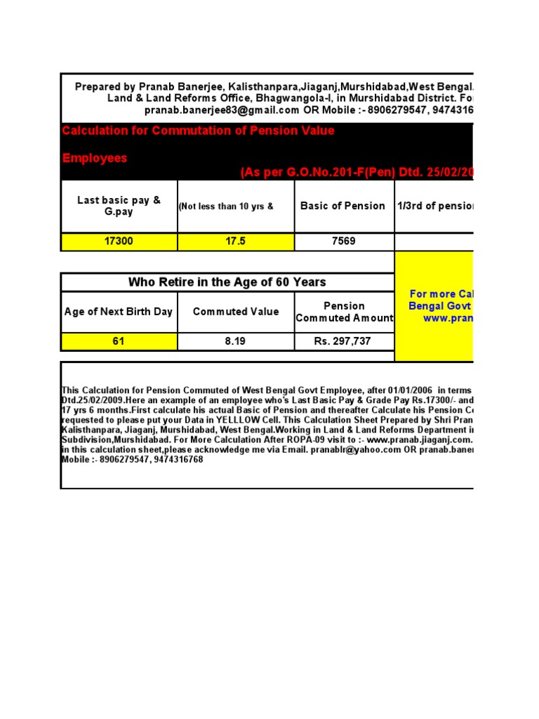 Calculation For Commuted Pension of W.B.Govt Employees | PDF | Pension ...