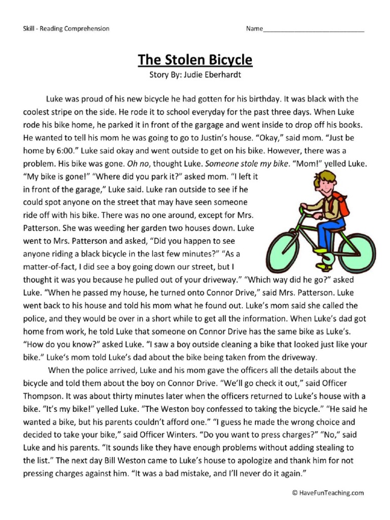 Free The Stolen Bicycle Third Grade Reading Comprehension Worksheet | PDF