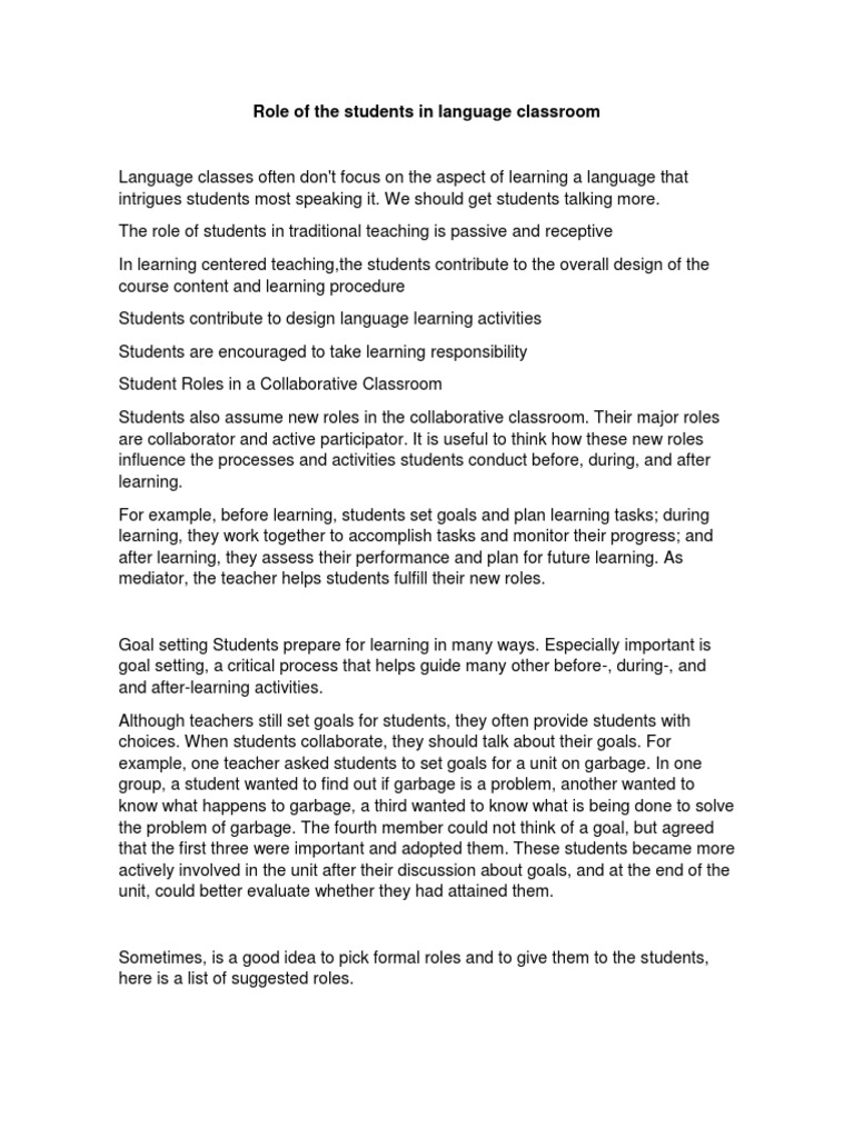 Student Roles in Language Learning | PDF | Students | Classroom
