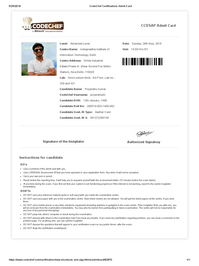 CodeChef Certifications Admit Card | PDF | Computing | Test/Examination