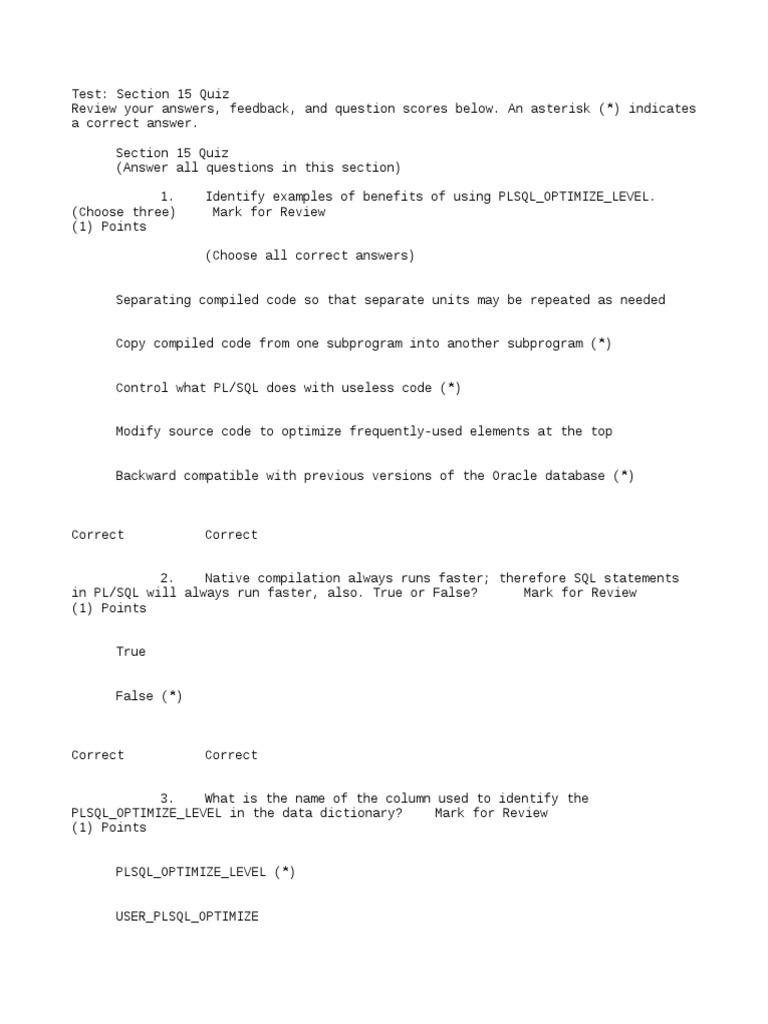 Section 15 Quiz | PDF | Pl/Sql | Oracle Database