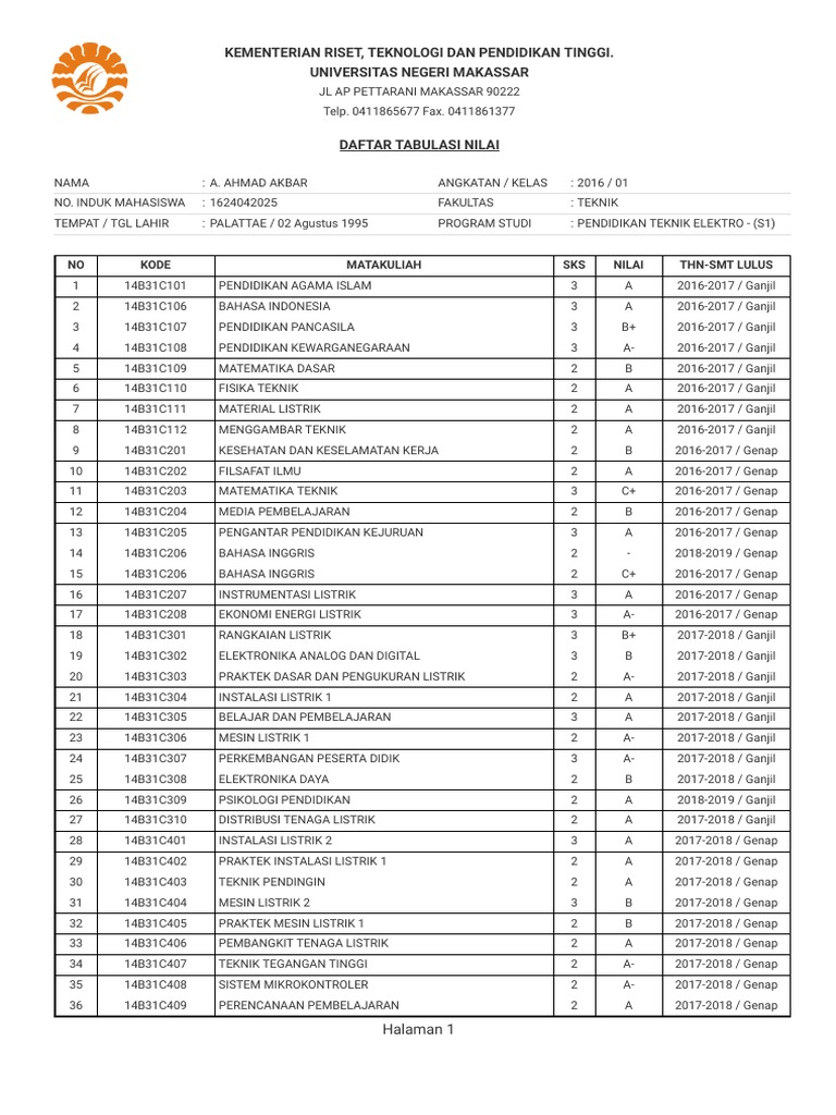 Print Transkrip Sementara 1624042025 | PDF