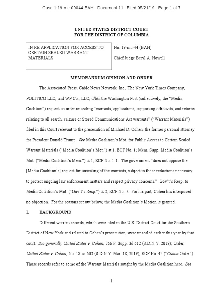 Judge Beryl A. Howell Court Order Releasing Michael Cohen Search ...