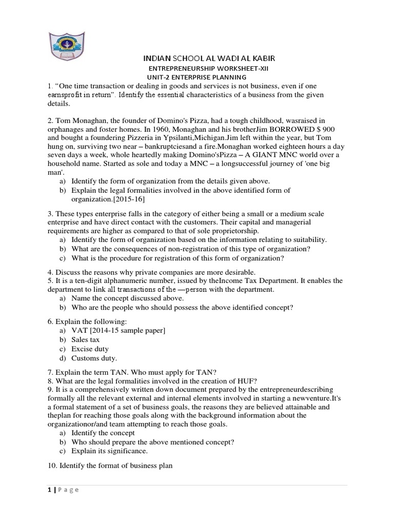 Entrepreneurship Worksheet On Enterprise Planning | PDF | Business Plan ...