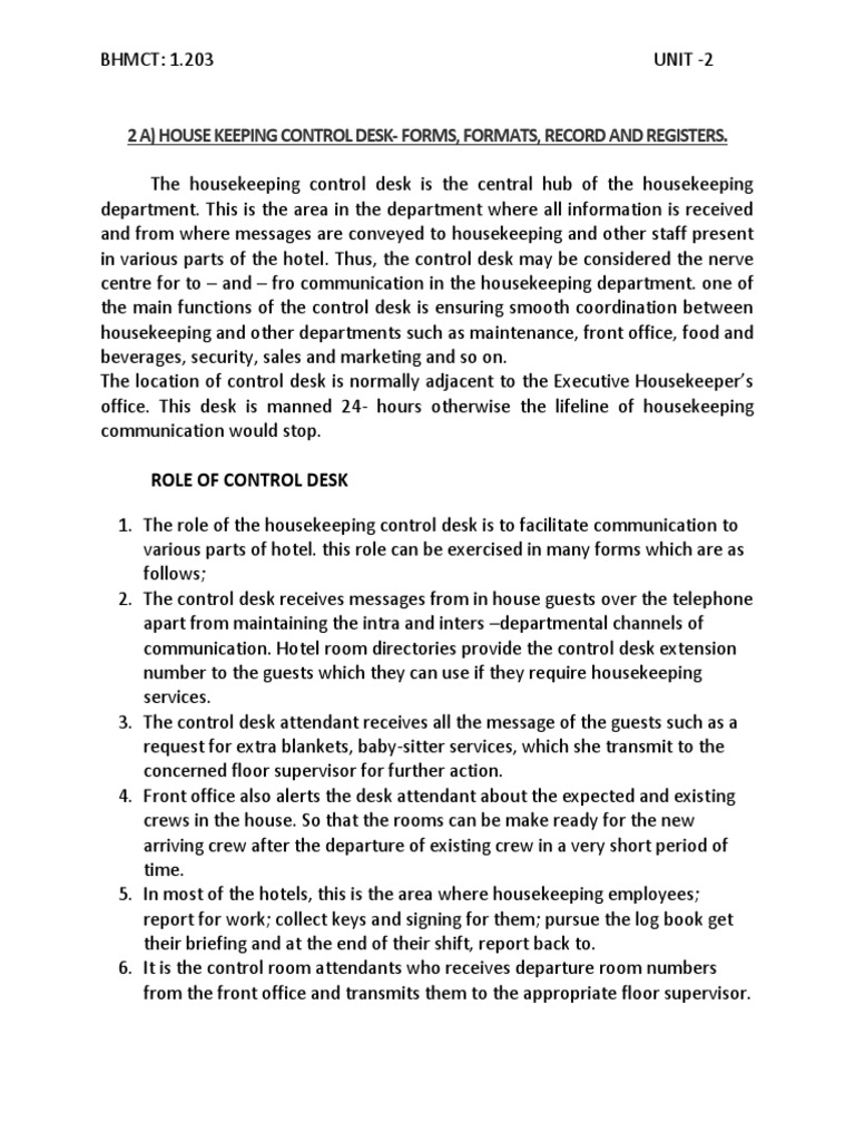 2 A) House Keeping Control Desk-Forms, Formats, Record and Registers ...