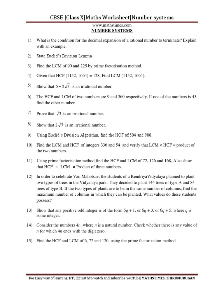 CBSE - Class X - Maths Worksheet - Number Systems | PDF | Numbers ...
