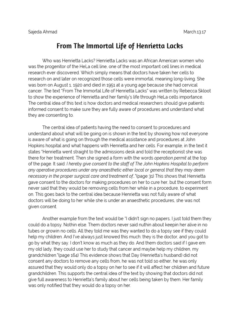 Henrietta Lacks Essay | PDF | Informed Consent | Medical Humanities
