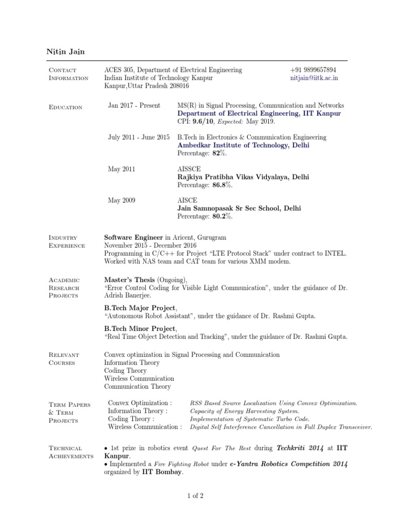 Nitin CV | PDF | Robotics | Electrical Engineering