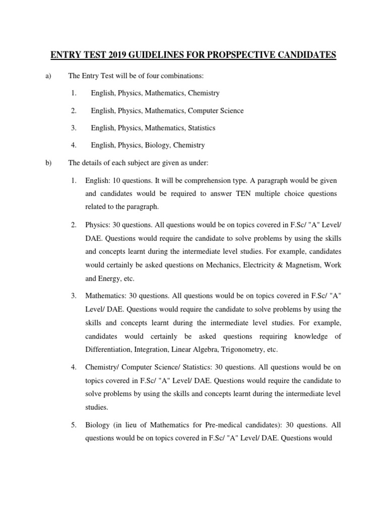 Guidelines for Prospective Candidates Taking the 2019 Entry Test with ...