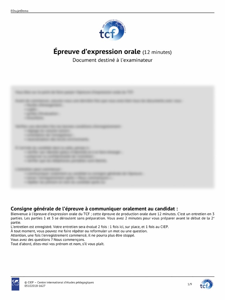 Exemple Sujet Expression Orale TCF PDF | PDF