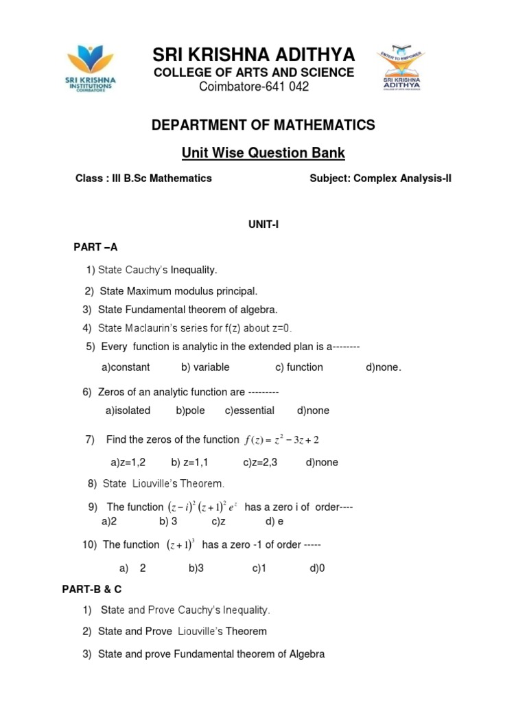 Sri Krishna Adithya: Department of Mathematics Unit Wise Question Bank | PDF | Complex Analysis ...