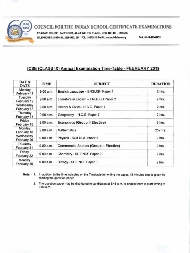 Class - 9 - Examination-Time-tables-Feb2019 ICSE | PDF
