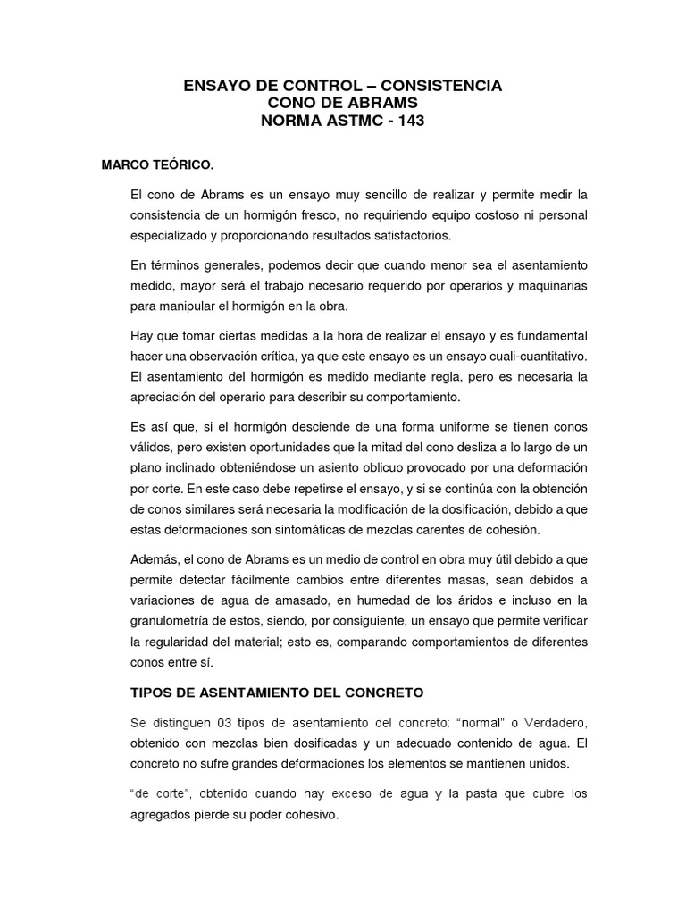 Ensayo de Control Cono de Abrams | PDF | Hormigón | Ingeniería de Edificación