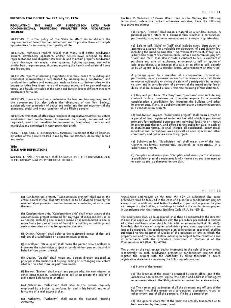 PD 957 | PDF | Mortgage Law | Condominium