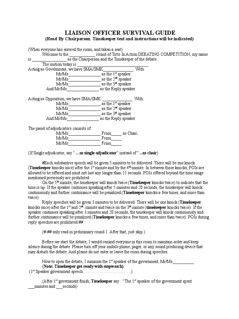 Liaison Officer Survival Guide: (Read by Chairperson. Timekeeper Text ...