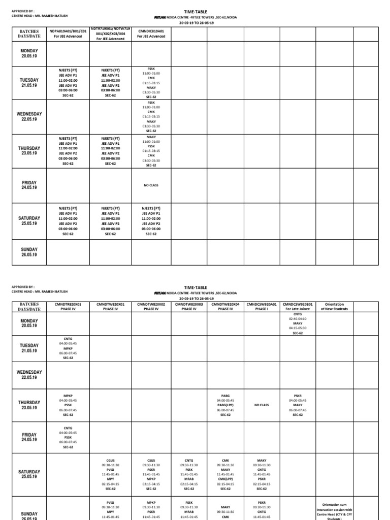 Click Here For Time Table of Fiitjee Tower, Sec-62, Noida | PDF