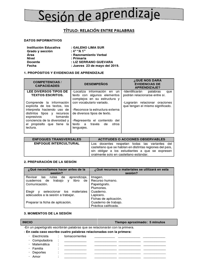 Sesion de Aprendizaje de Raz - Verbal-Mayo. | PDF | Aprendizaje | Maestros