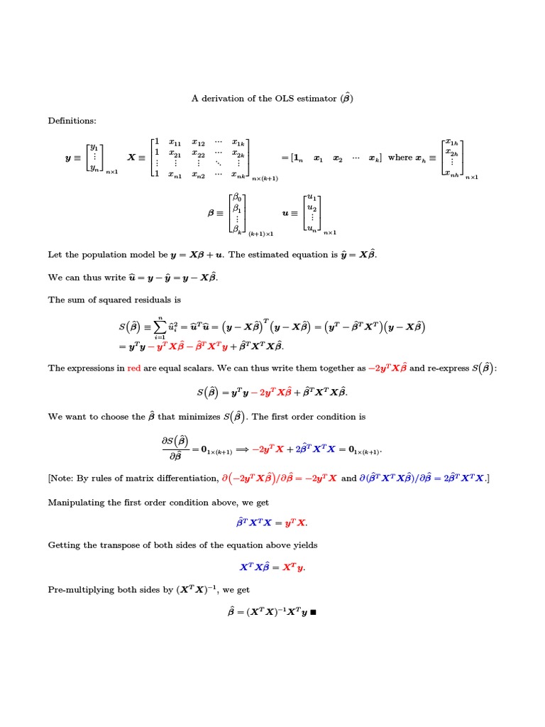 Econ 232 A Derivation of The OLS Estimator PDF | PDF | Ordinary Least ...