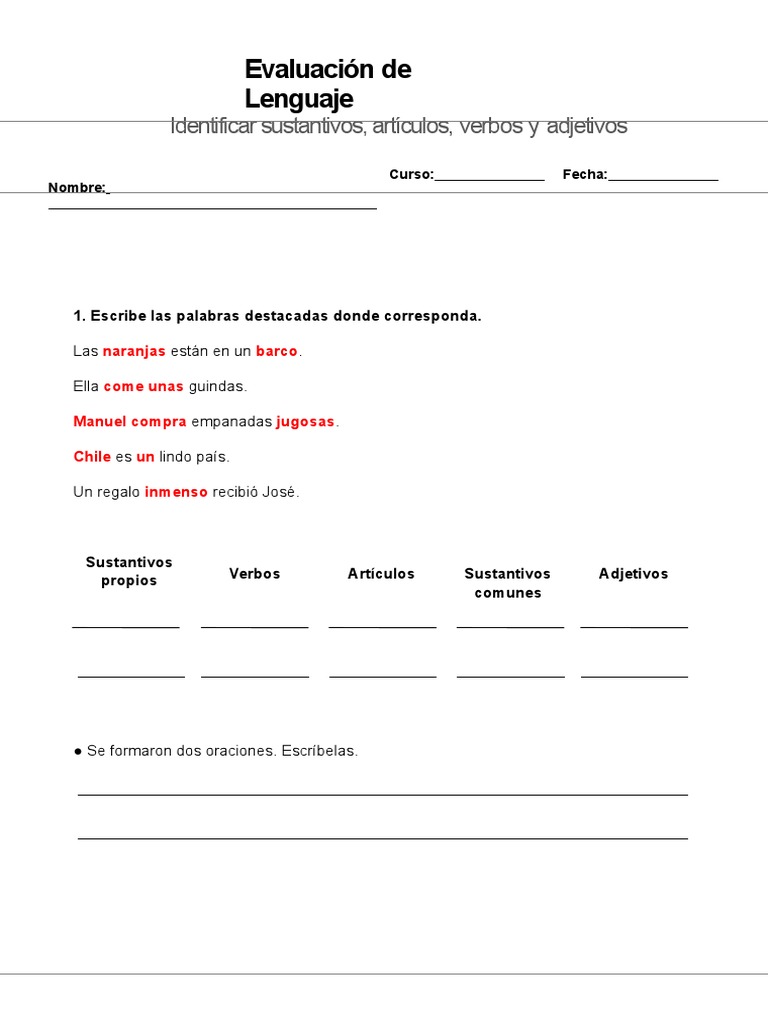 Sustantivos Articulos Verbos Adjetivos | PDF