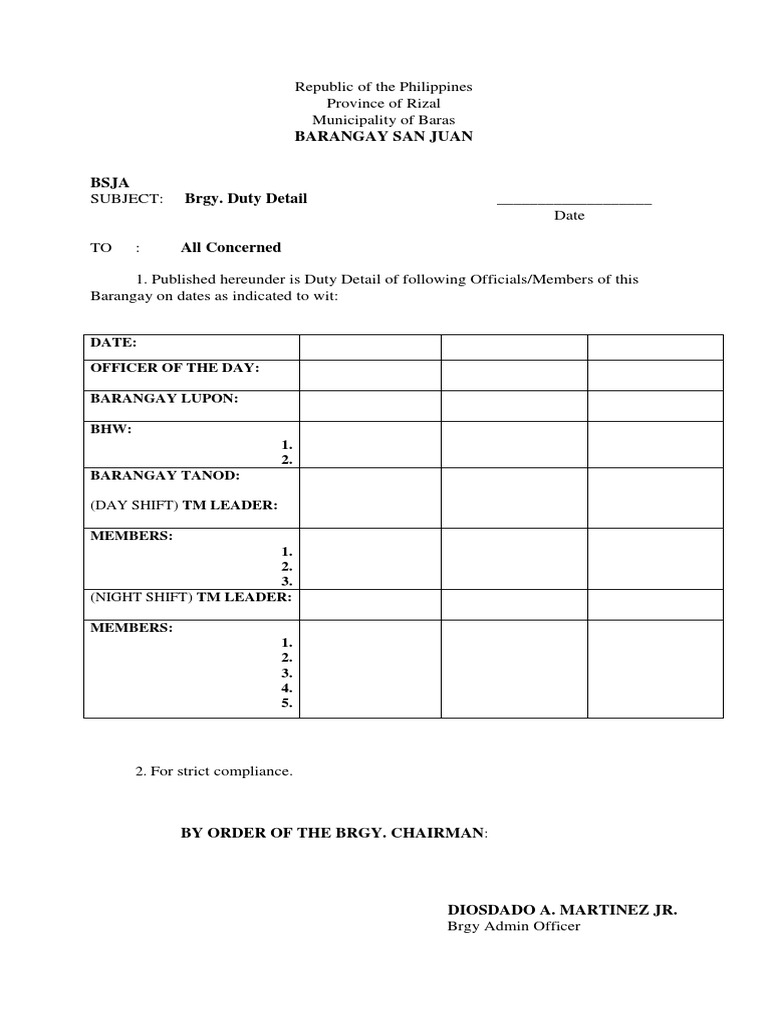 Brgy Duty Form | PDF